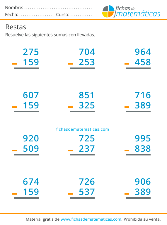 Restas con Llevadas. Descargar PDF Gratis con Ejercicios