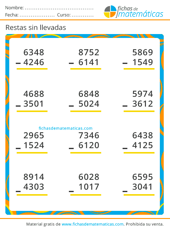 Restas Sin Llevar. Descarga Cuaderno PDF con Restas para Primaria.