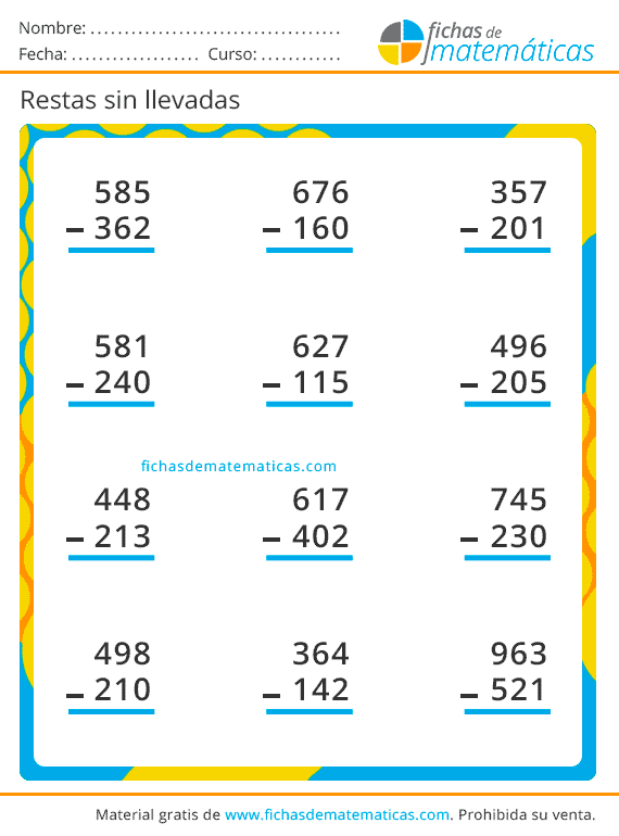 Restas Sin Llevar. Descarga Cuaderno PDF con Restas para Primaria.