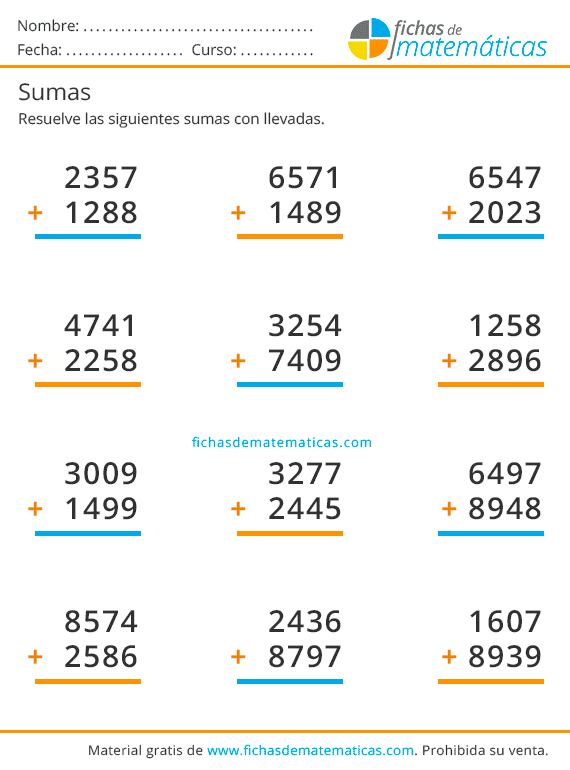 Sumas con Llevadas. Ejercicios para Aprender a Sumar Llevando.