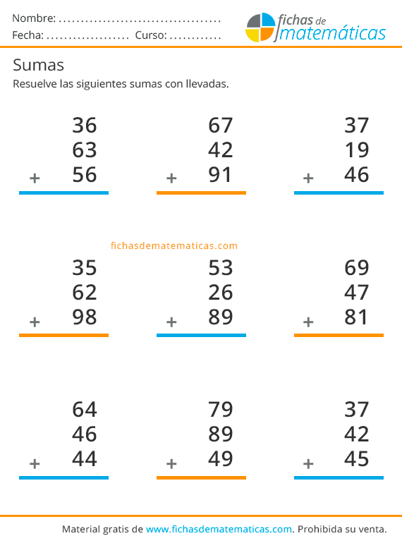 Sumas con Llevadas. Ejercicios para Aprender a Sumar Llevando.