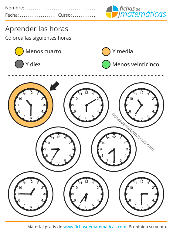 Aprender las Horas. Ejercicios con Relojes para Niños. PDF gratis.