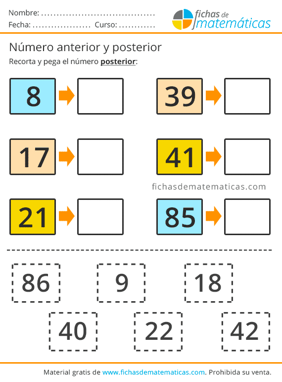 Anterior y Posterior. Fichas de Matemáticas GRATIS para Niños