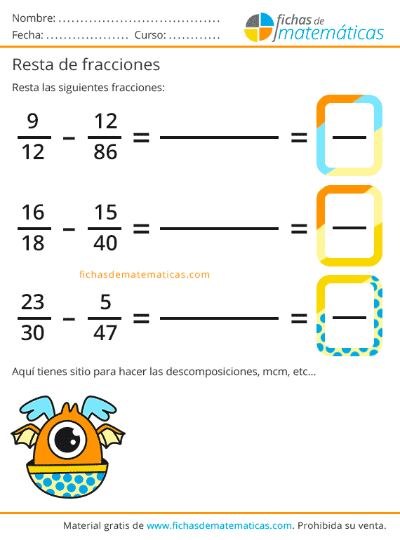 Resta De Fracciones Ejercicios Para Niños De Primaria En Pdf
