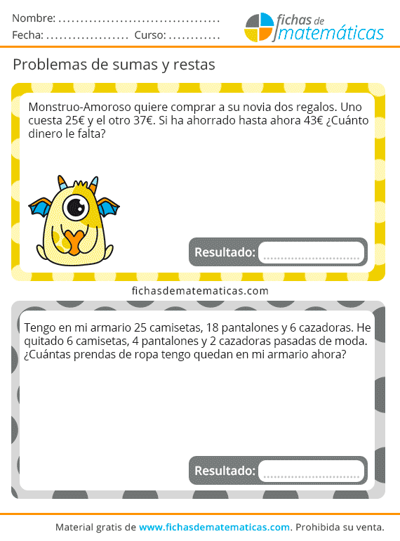 Problemas de Sumas y Restas para Primaria - Descargar PDF Gratis