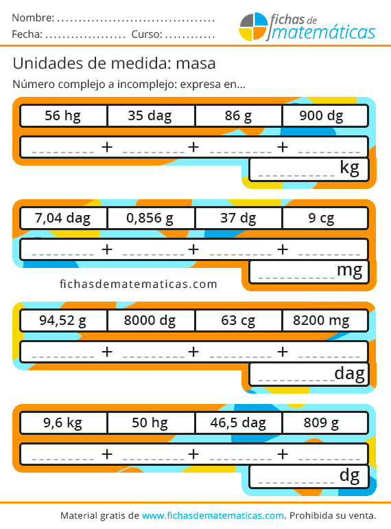 Unidades de masa - Fichas de matemáticas
