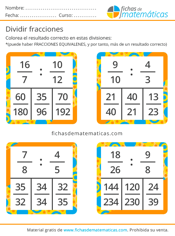 Dividir fracciones - Fichas de matemáticas