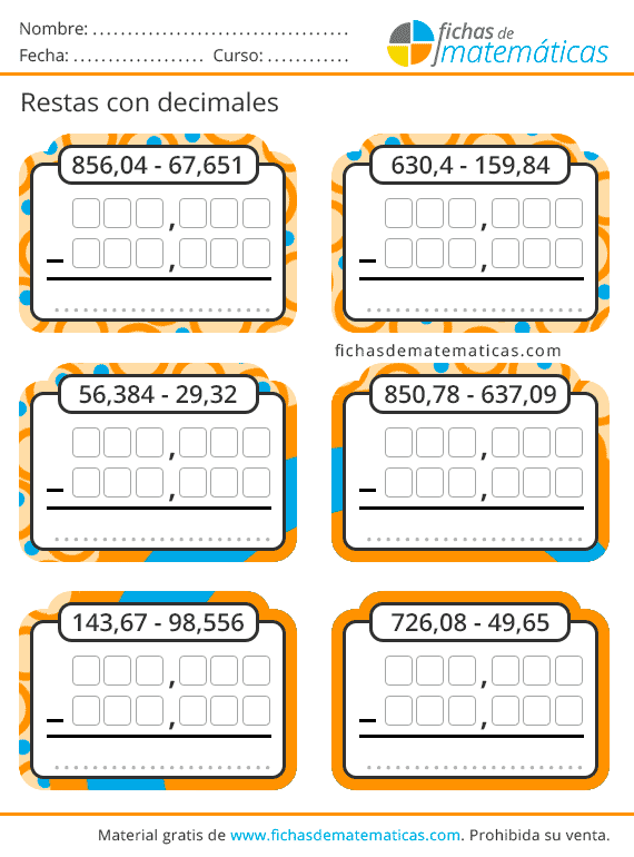 Restas con decimales - Fichas de matemáticas