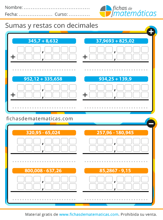 Sumas y restas con decimales - Fichas de matemáticas