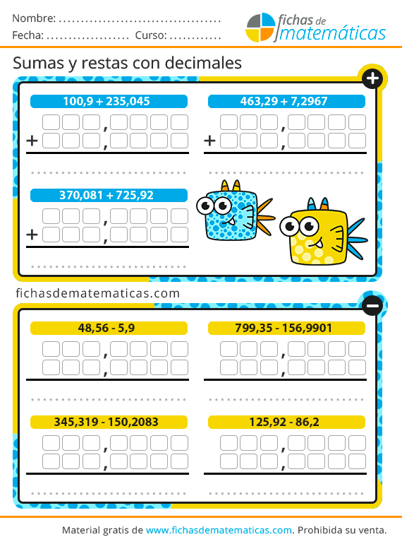Sumas y restas con decimales - Fichas de matemáticas