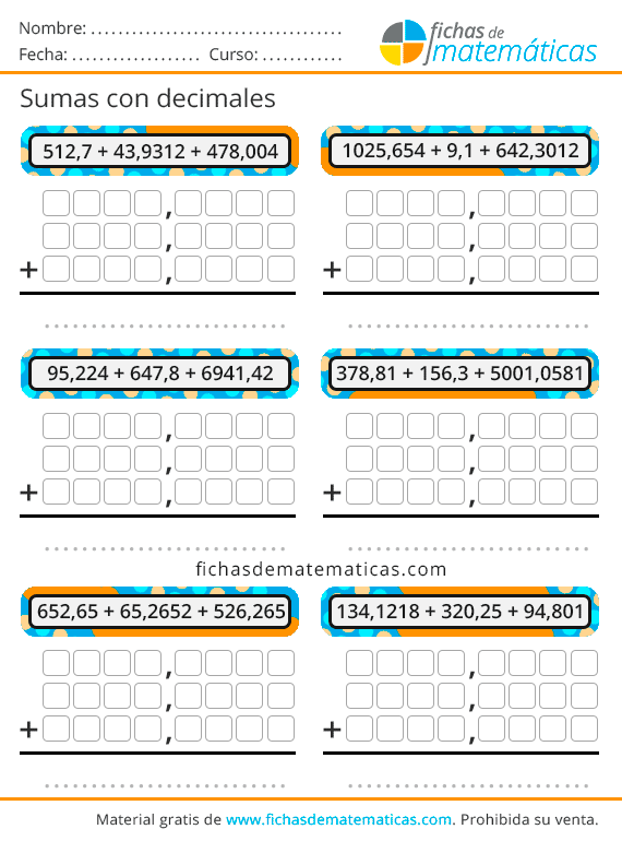 Como Sumar Decimales - Ejercicios de Suma con Decimales PDF